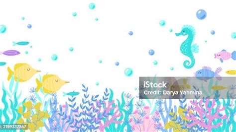 아이들의 귀여운 배경입니다 물결 모양의 해초 산호초 다양한 물고기 해마 물방울 0명에 대한 스톡 벡터 아트 및 기타 이미지