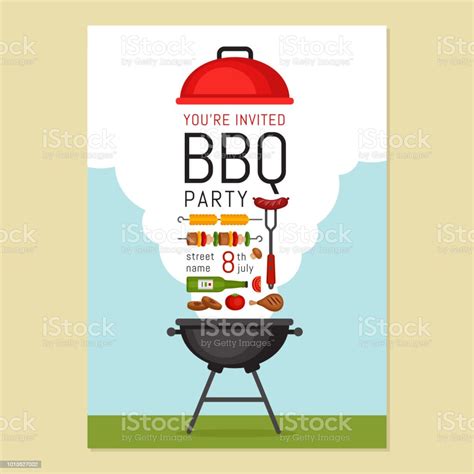 바베 큐 그릴 및 음식 파티 초대입니다 바베 큐 포스터입니다 음식 플라이어입니다 플랫 스타일 벡터 일러스트 레이 션 바베큐그릴에 대한 스톡 벡터 아트 및 기타 이미지