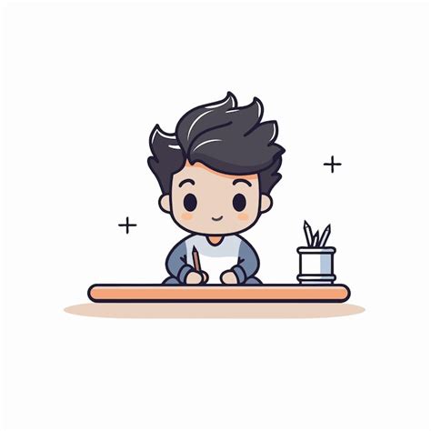 책상에 앉아있는 귀여운 소년 만화 스타일의 터 일러스트레이션 프리미엄 벡터