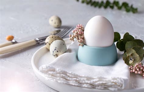 메 추 라 기 계란과 닭고기 달걀 유 칼 리 나무의 녹색 잎 어린 부활절 축제 테이블 설정입니다 회색 콘크리트 배경에 휴일 축 하 장식입니다 계절에 대한 스톡 사진 및 기타