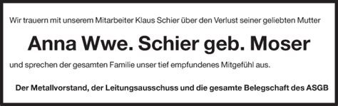 Traueranzeigen Von Anna Schier Trauerbz
