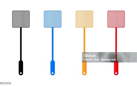 파리채 모기의 스와트에 대한 스와터를 비행 곤충의 살인자의 아이콘 검은 색 빨간색 주황색 파란색 다른 색상의 플라이스와터의 디자인 흰색 배경에 격리 된 플라스틱 도구 벡터