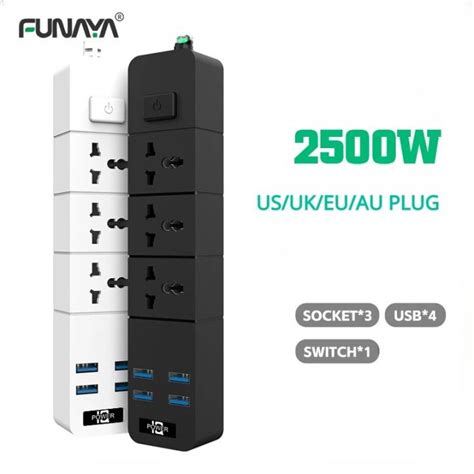 Power Strip Socket Universal Multi Plug 1 2 3 Outlest 110~250v 4 Usb 5v 2 1a 2500w Black White