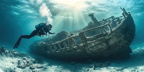 Scuba Diver Exploring Sunken Shipwreck Premium Ai Generated Image