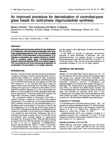 Pdf An Improved Procedure For Derivatization Of Controlled Pore Glass