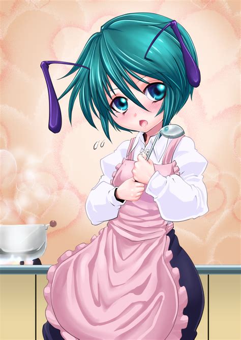 Safebooru 1girl Antennae Apron Blush Countertop Flying Sweatdrops