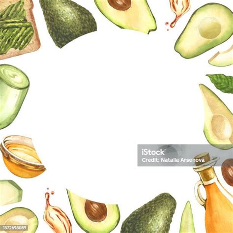 수채화 프레임 잘 익은 아보카도와 유리 그릇에 기름 탑 뷰 손으로 그린 그림은 흰색 배경에 분리되어 있습니다 완벽한 음식 메뉴 음식 그리기 디자인 포장 건강한 식생활 개념