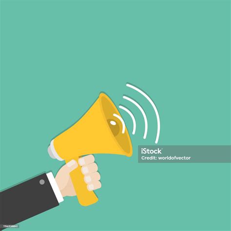 메가 폰 스피커 라우드 스피커 아이콘을 들고 사업가 손 공지 기호 기호입니다 플랫 디자인 노란색 왼쪽 모서리 템플릿입니다 흰색 배경입니다 격리 개념에 대한 스톡 벡터 아트