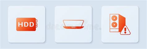 Set Laptop Hard Disk Drive Hdd And Case Of Computer White Square Button Stock Vector