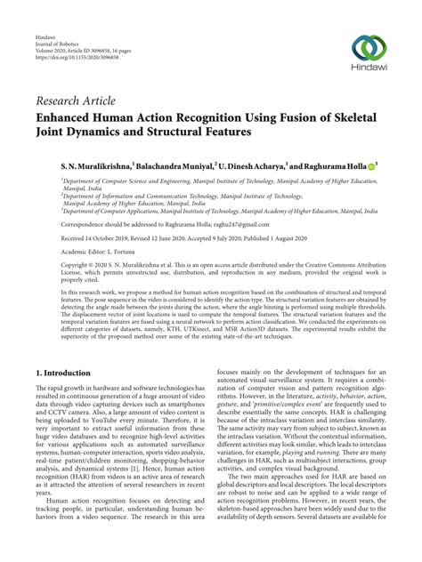 Pdf Enhanced Human Action Recognition Using Fusion Of Skeletal Joint Dynamics And Structural