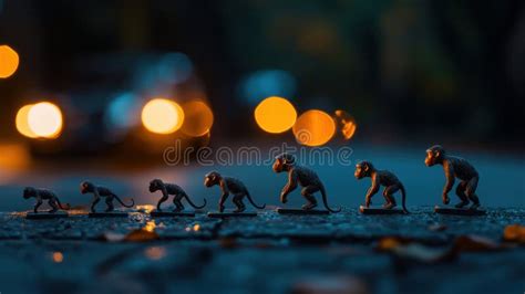 A Series Of Toy Figurines Showing The Evolution Of Man Against A