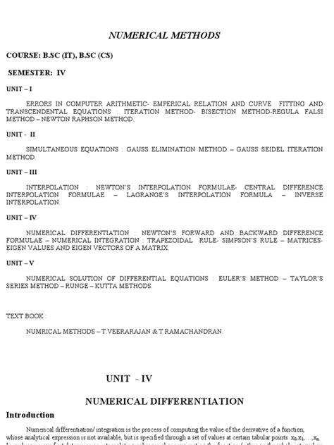 Numerical Methods Unit Iv Numerical Differentiation Pdf Integral Matrix Mathematics