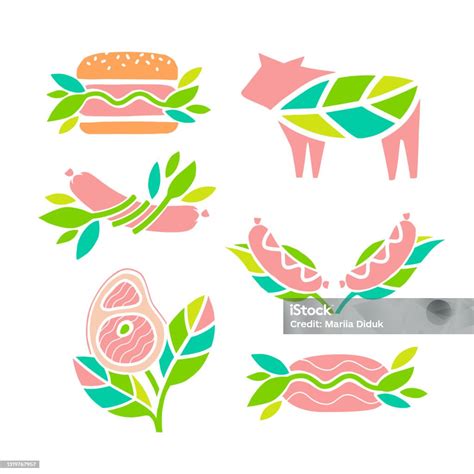 벡터 아이콘 집합입니다 식물 기반 고기 개념 비건 제품 스테이크 소시지 햄버거 커틀릿 다진 고기와 녹색 잎 유기농 천연 식품 절대 채식주의자에 대한 스톡 벡터 아트 및 기타