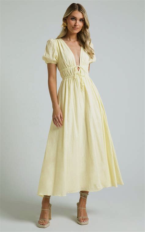Portofino Midi Dress V Neck Puff Sleeve Dress In Yellow Midi Dress