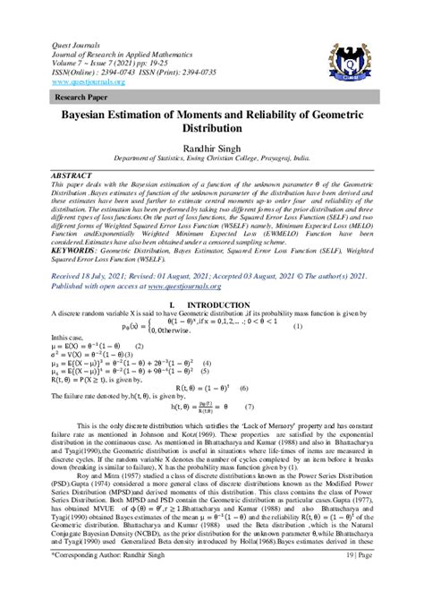 Pdf Bayesian Estimation Of Moments And Reliability Of Geometric Distribution