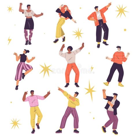 Dancing People Character In Rhythmic Movement Pose Vector Set Stock