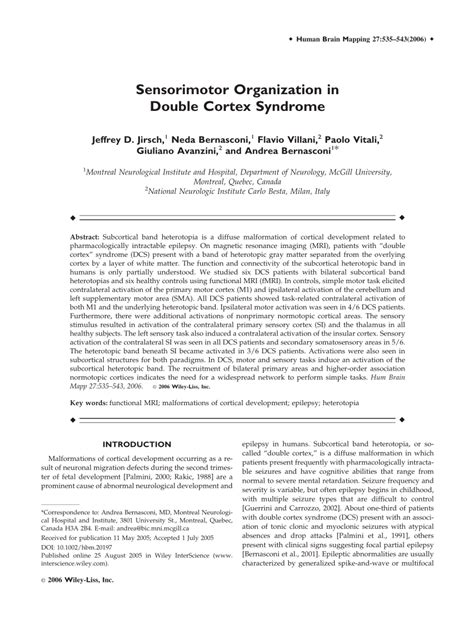 Pdf Sensorimotor Organization In Double Cortex Syndrome