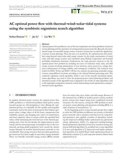 Pdf Ac Optimal Power Flow With Thermal Wind Solar Tidal Systems Using