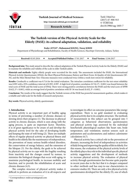 Pdf The Turkish Version Of The Physical Activity Scale For Theelderly Pase Its Cultural