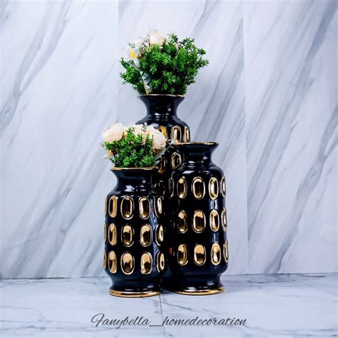 Jual Vas Bunga Keramik Guci Porselen Hitam Emas Bulat Set Dekorasi