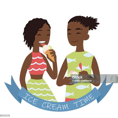 아이스크림이 있는 커플 벡터 일러스트 레이 션의 흰색 배경에 고립 된 아프리카 쌍의 아이스크림의 손으로 포장 부분과 숟가락과