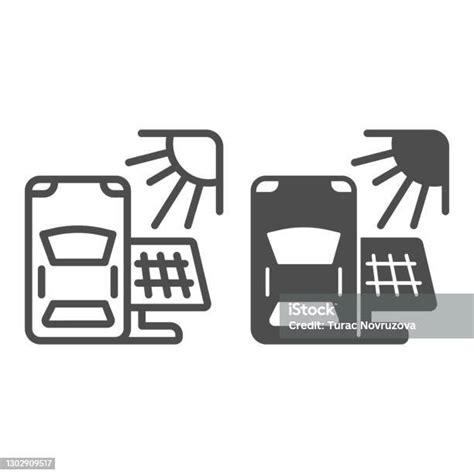 태양 전지 패널과 태양 선과 단단한 아이콘 전기 자동차 개념 하이브리드 자동차와 흰색 배경에 대체 에너지 표지판 전기 자동차 아이콘 개요 스타일을위한 태양 에너지 벡터