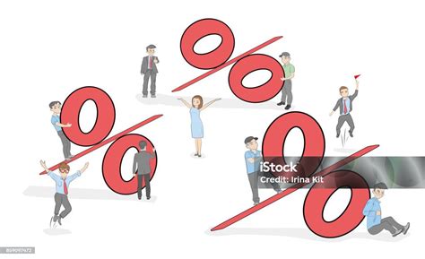 작은 사람 큰 백분율 기호 함께 작업의 밑그림 노동자 및 재무 기호 낙서 귀여운 미니어처 장면 손으로 그린 만화 벡터 일러스트