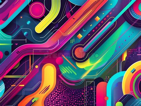 Abstract Colorful Geometric Shapes Digital Art Background Vibrant Neon Hues And Lines Stock