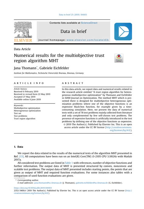 Pdf Numerical Results For The Multiobjective Trust Region Algorithm Mht