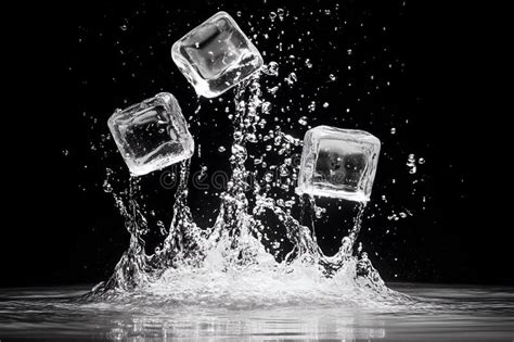 Ice Cubes In Motion With Water Droplets Against A Black Background Stock Illustration