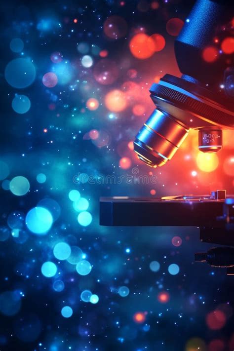 Close Up Of Microscope Objective Lens With Colorful Blurred Bokeh Background Scientific