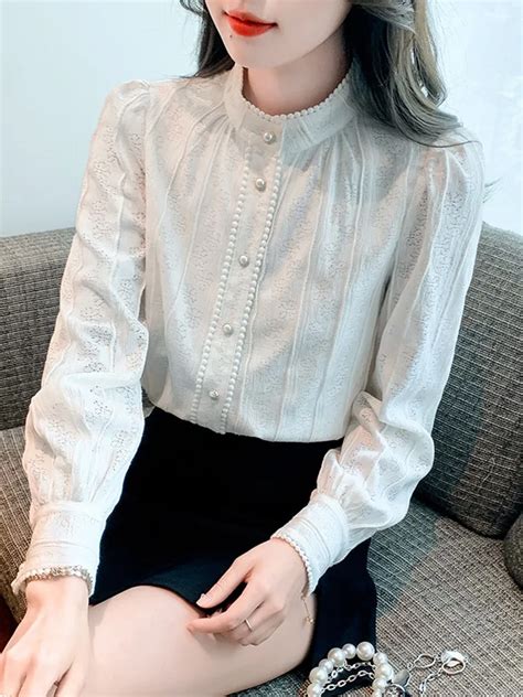 오피스 레이디 우아한 화이트 셔츠 한국 스타일 하프 하이 칼라 긴팔 블라우스 셔츠 W1323 2023 봄 신상