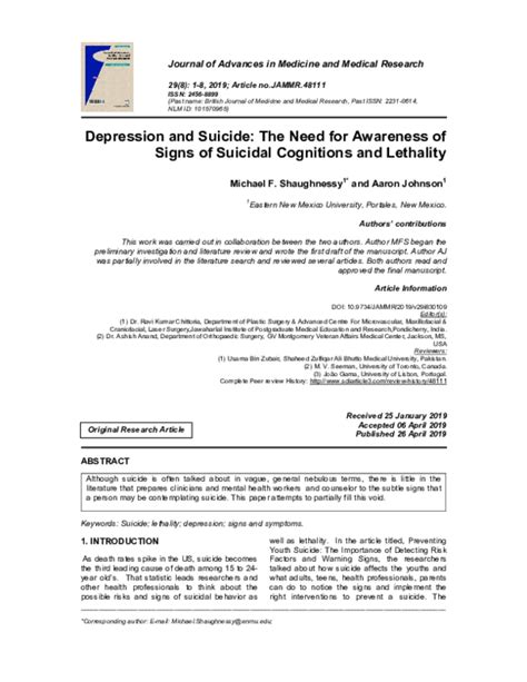 Pdf Depression And Suicide The Need For Awareness Of Signs Of Suicidal Cognitions And Lethality