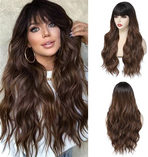 Angzon Long Ombre Brown Wavy Wig With Bangs For Women 26