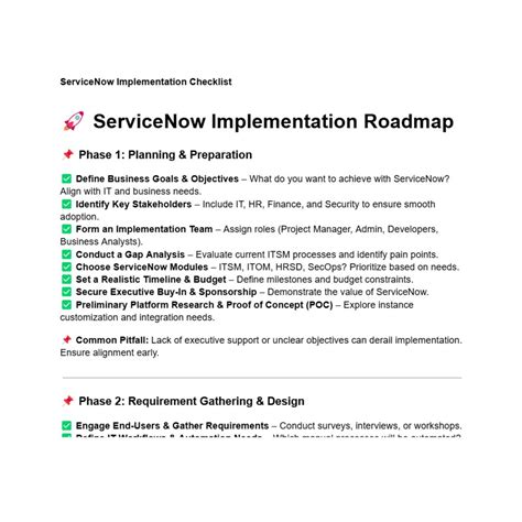 Servicenow Implementation Checklist Itsm Project Plan Digital