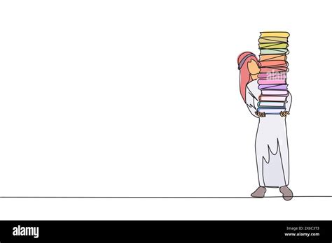Single Continuous Line Drawing Arab Man Carrying Tall Stack Of Books