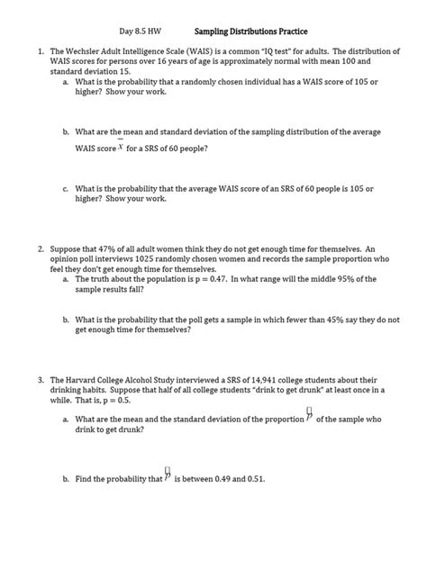 Sampling Distribution Practice Worksheet Pdf Wechsler Adult
