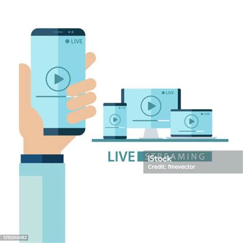 비디오 플레이어 창 라이브 스트리밍 화면에 재생 버튼과 함께 스마트 폰을 들고 손 데스크톱 컴퓨터 노트북 및 태블릿 온라인 방송 스트리밍 서비스 0명에 대한 스톡 벡터 아트