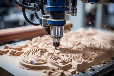 Precision Cnc Router Carving Delicate Design On Wood With Detailed Lines And Textures Stock