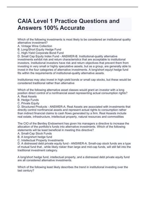 Caia Level 1 Practice Questions And Answers 100 Accurate Caia Level