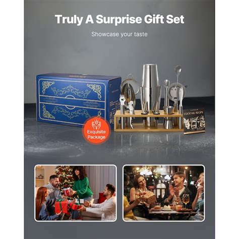 Vevor Cocktail Shaker Set 13 Piece Stainless Steel Bar Tools With Bamboo Stand Boston Bartender