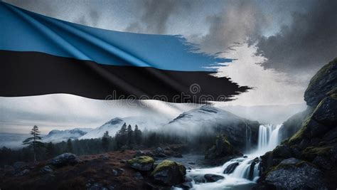 Estonian Flag Waving In Sky Blending Into Nature Waterfall And Rocks