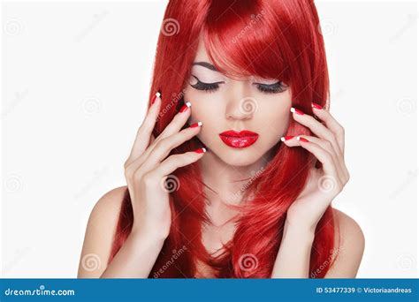 104 Makeup Beautiful Girl Red Long Hair Fashion Model Isolate Stock