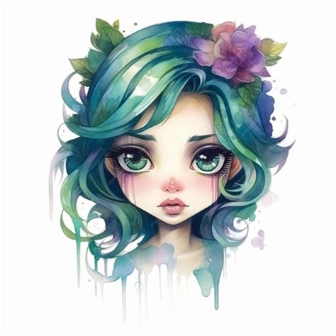 Premium Ai Image A Drawing Of A Girl With Blue Hair And Flowers In