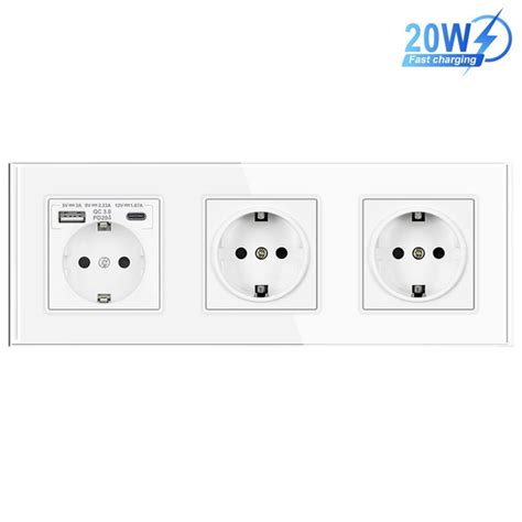 Розетка электрическая тройная с Usb и Type C входами быстрая зарядка 20w рамка закаленное