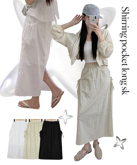 마이온샵 바스락치마체형커버 베린 밴딩 셔링 포켓 스커트 44~66 롱치마 롱스커트 카고스커트 밴딩스커트 셔링스커트 고프고어 나일론스커트 와샤스커트 뒷트임스커트