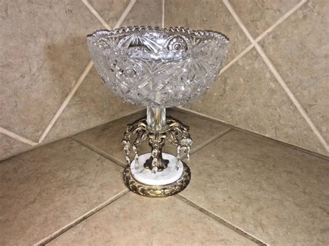 Vintage Hollywood Regency Candy Bowl Brass Prism Marble Pedestal