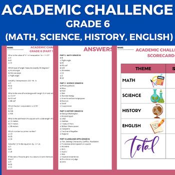 Back To School Math Science History And English Pre Assessment For Grade 6