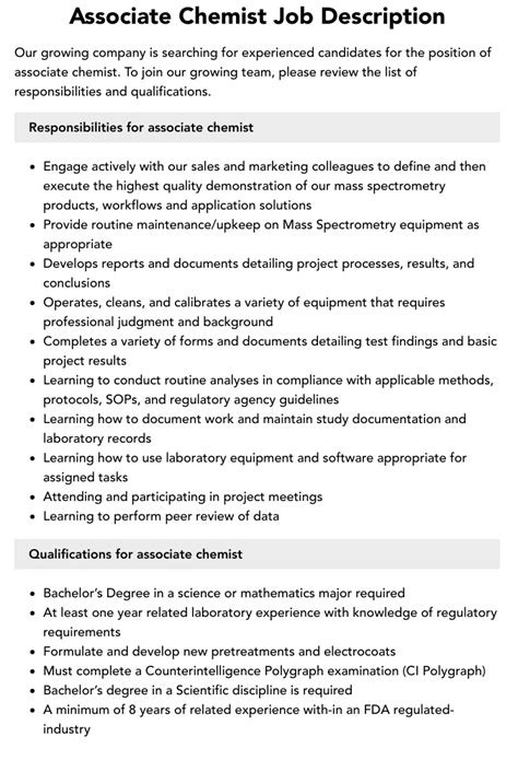 Associate Chemist Job Description Velvet Jobs