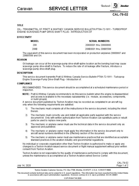Service Letter Cessna Cal 79 02 Pdf Cessna Airplane